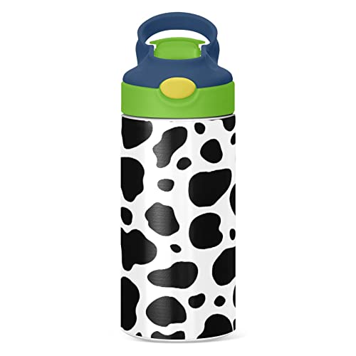 Kigai Cow Print Kids Water Bottle, BPA-Free Vacuum Insulated Stainless Steel Water Bottle with Straw Lid Double Walled Leakproof Flask for Girls Boys Toddlers, 12Oz