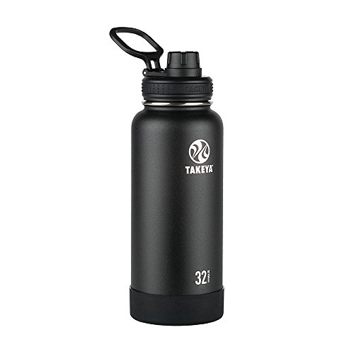 Takeya Actives Insulated Stainless Water Bottle with Insulated Spout Lid, 32oz, Onyx and Takeya Actives Straw Lid for Insulated Water Bottle, Wide Mouth, Black