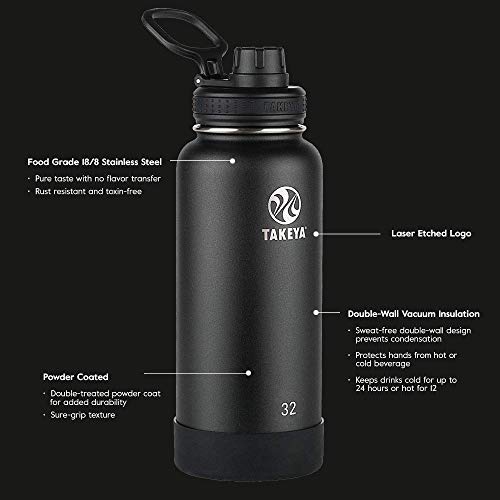 Takeya Actives Insulated Stainless Water Bottle with Insulated Spout Lid, 32oz, Onyx and Takeya Actives Straw Lid for Insulated Water Bottle, Wide Mouth, Black