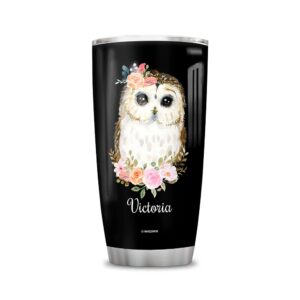 wassmin personalized tumbler cup with lid 20oz 30oz custom name customized double wall vacuum insulated tumblers coffee travel mug birthday christmas gifts for animal lovers (owl)