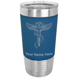 lasergram 20oz vacuum insulated tumbler mug, chiropractic symbol, personalized engraving included (faux leather, blue)