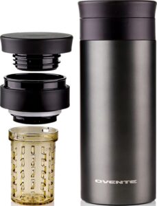 ovente stainless steel vacuum insulated coffee water mug, 16 oz portable double wall handheld tumbler with tea infuser, bpa-free spill proof travel friendly for hot cold beverage, gunmetal msa16g