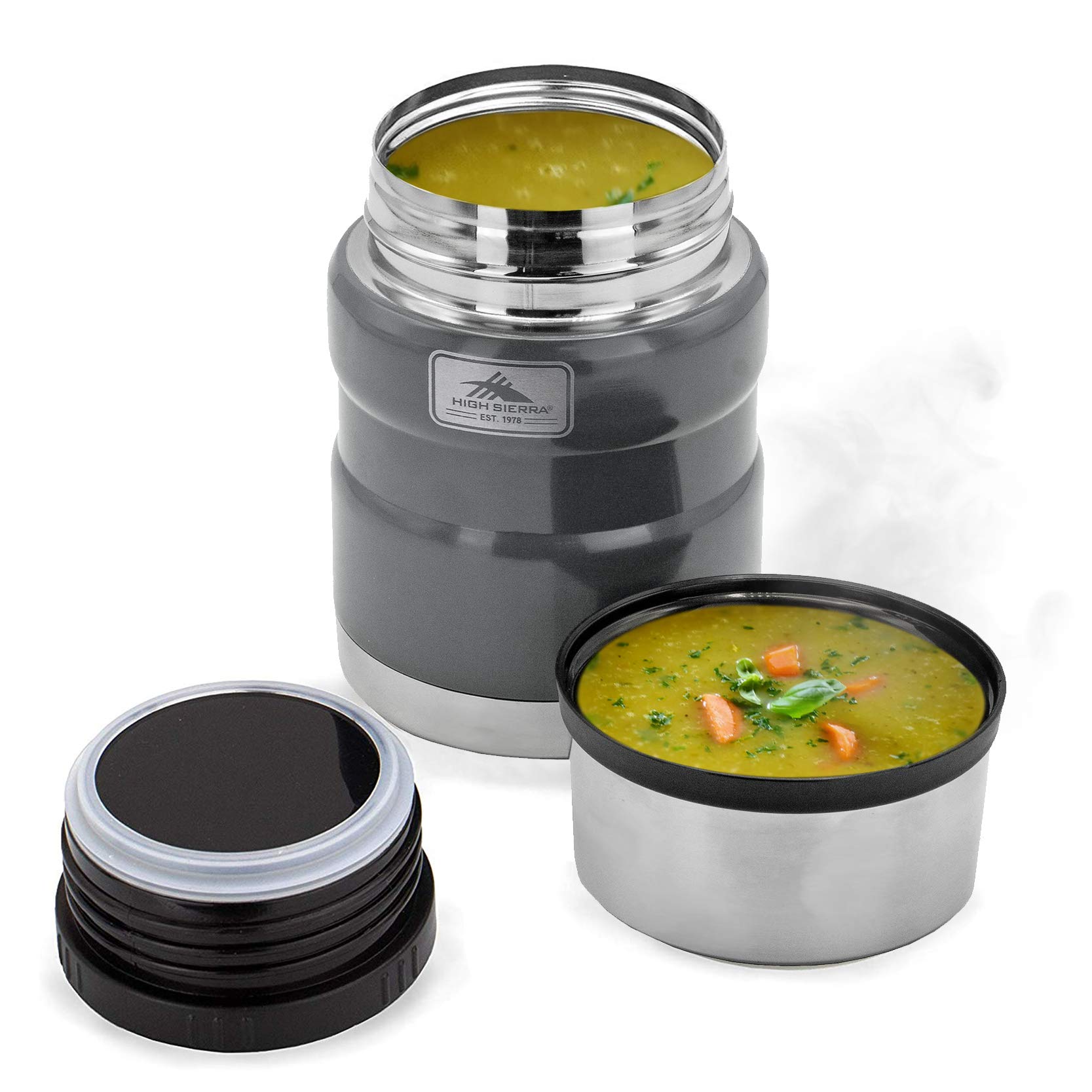 High Sierra HS1676 14 oz Thermos for Hot Food, Wall Insulation, 18/8 Stainless Steel, Keeps Warm for Up To 12 Hours, Lid Doubles Up as a Serving Bowl, 14oz Gray