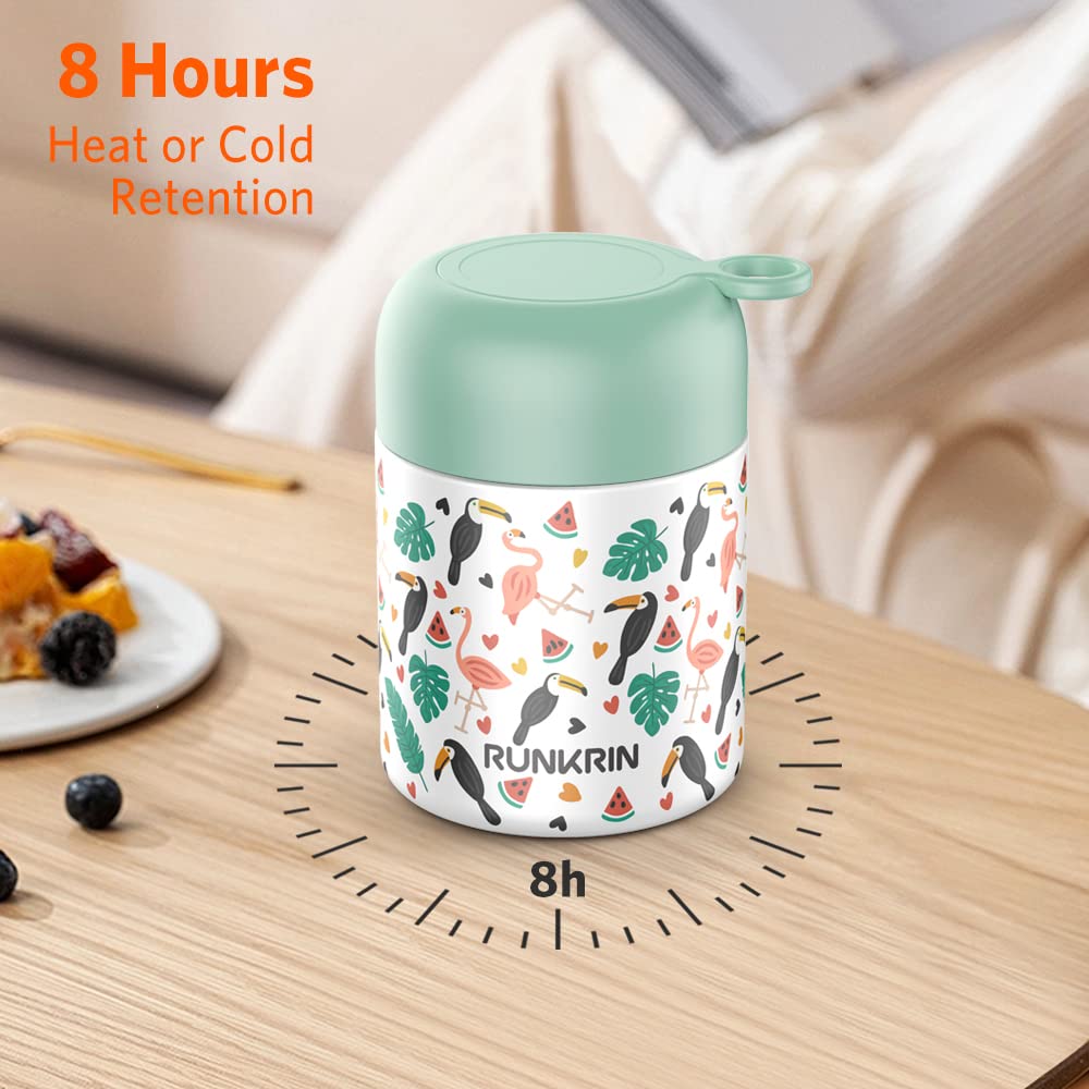 Insulated Food Jar for Hot Food, Runkrin 16oz Thermos Vacuum Double Wall Lunch Container with Spoon, Leak Proof Stainless Steel Thermal Bento Box for Kids Boys Girls Adults