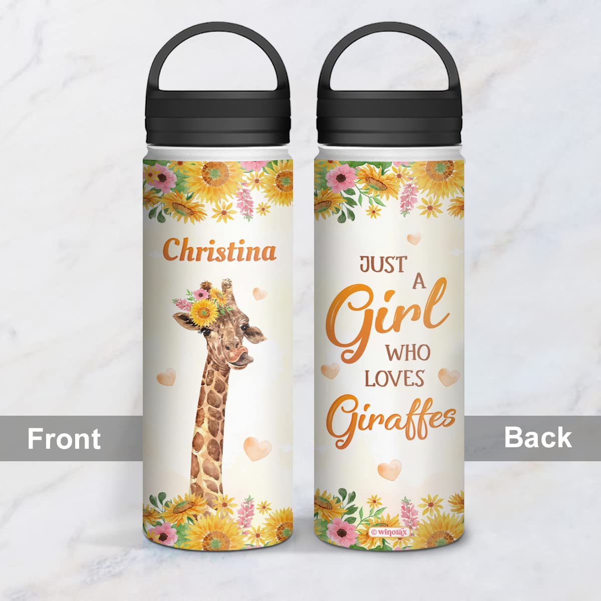 winorax Personalized Giraffe Water Bottle Giraffes Insulated Stainless Steel Sports Travel Coffee Bottles 12oz 18oz 32oz Back To School Birthday Christmas Gifts for Women Kids Animal Lovers