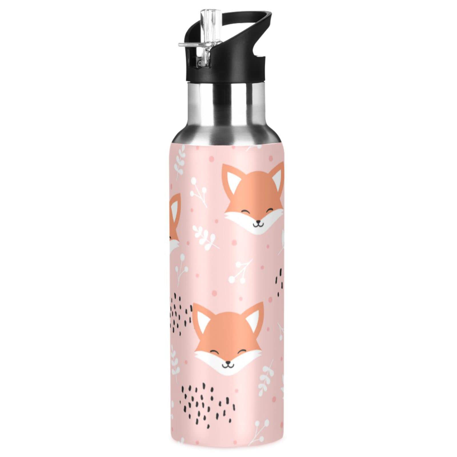 ZZKKO Water Bottle with Straw Cute Fox Pink Stainless Steel Iron Flask Capsule Water Bottle Daily Water Intake Bottle Thermos Kids Cups No Spill Women Adult 20OZ/600ML