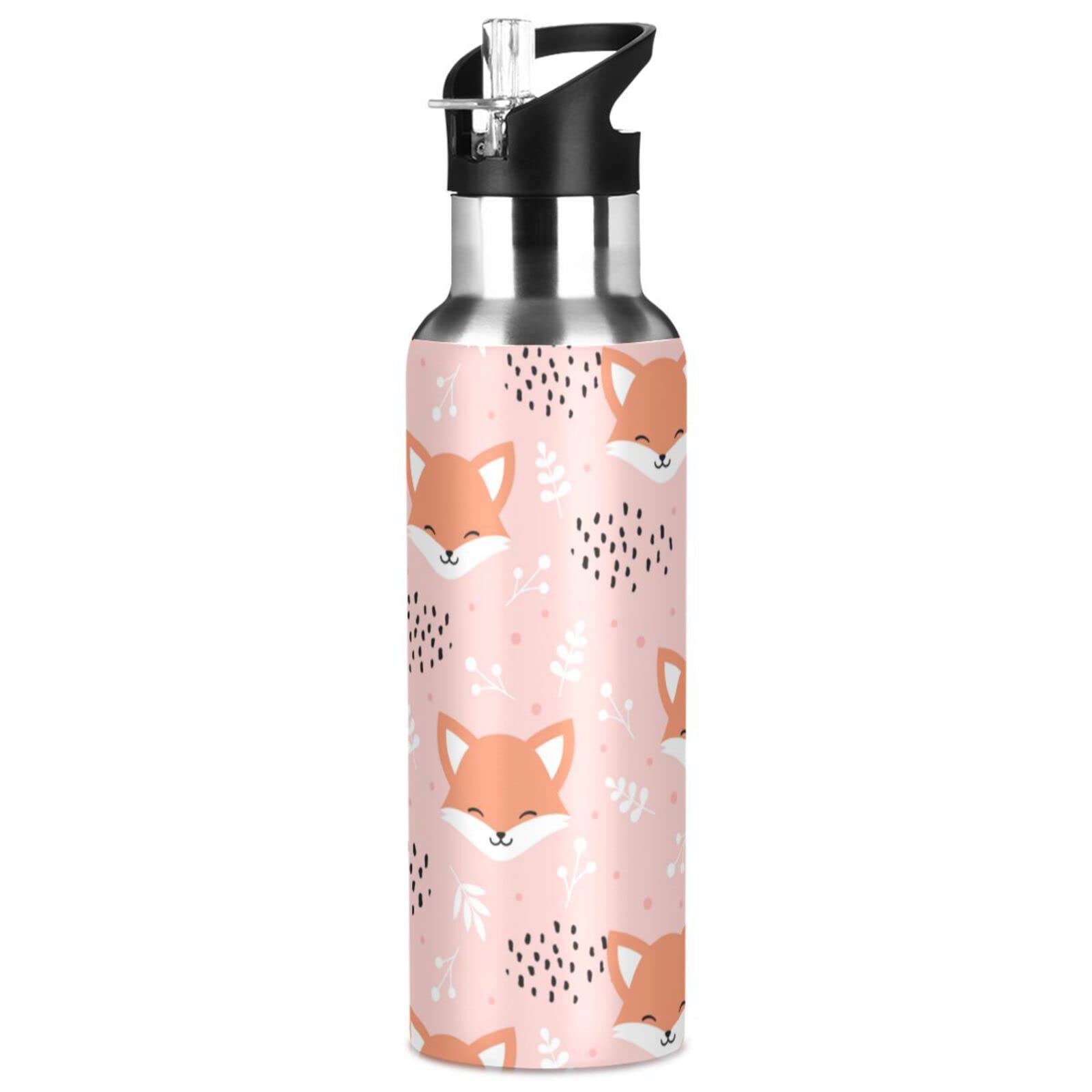 ZZKKO Water Bottle with Straw Cute Fox Pink Stainless Steel Iron Flask Capsule Water Bottle Daily Water Intake Bottle Thermos Kids Cups No Spill Women Adult 20OZ/600ML