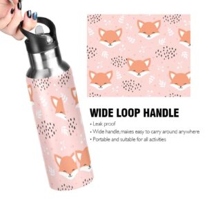 ZZKKO Water Bottle with Straw Cute Fox Pink Stainless Steel Iron Flask Capsule Water Bottle Daily Water Intake Bottle Thermos Kids Cups No Spill Women Adult 20OZ/600ML