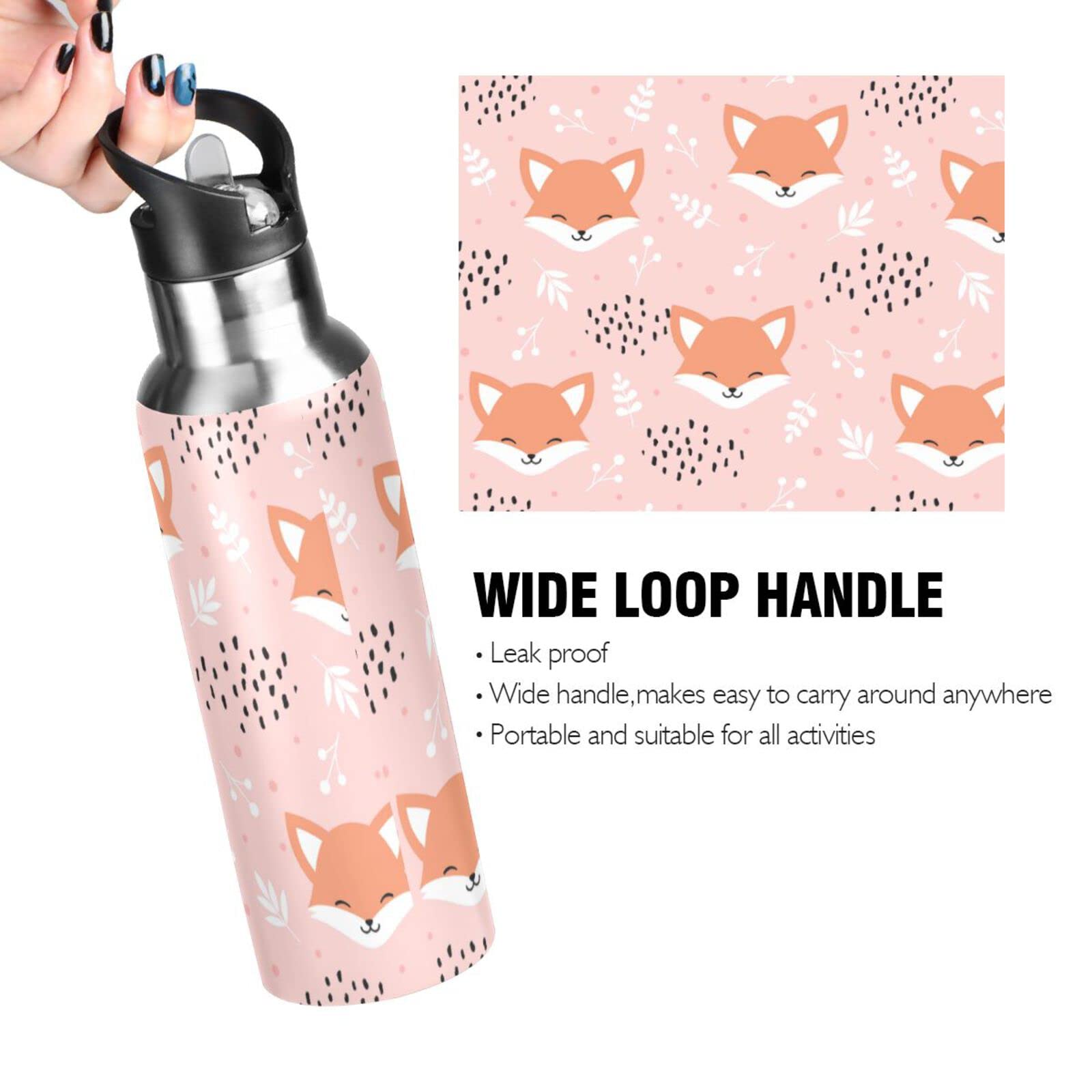 ZZKKO Water Bottle with Straw Cute Fox Pink Stainless Steel Iron Flask Capsule Water Bottle Daily Water Intake Bottle Thermos Kids Cups No Spill Women Adult 20OZ/600ML