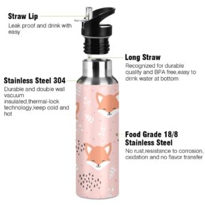 ZZKKO Water Bottle with Straw Cute Fox Pink Stainless Steel Iron Flask Capsule Water Bottle Daily Water Intake Bottle Thermos Kids Cups No Spill Women Adult 20OZ/600ML