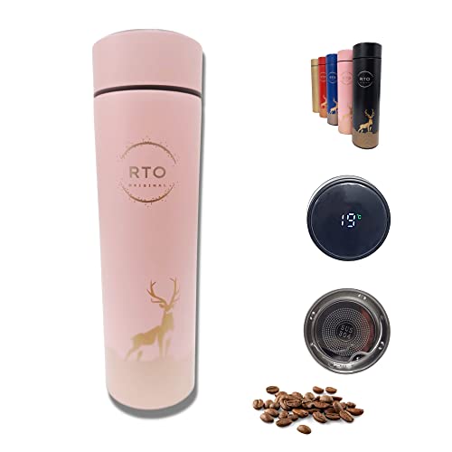 RTO Original Smart Thermos For Cold & Hot Drinks with Tea Infuser, Insulated Bottle with LED temperature Display | Spill & Leak Proof with Double Wall Stainless Steel (Rose, 16oz)