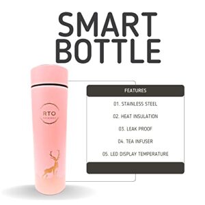 RTO Original Smart Thermos For Cold & Hot Drinks with Tea Infuser, Insulated Bottle with LED temperature Display | Spill & Leak Proof with Double Wall Stainless Steel (Rose, 16oz)