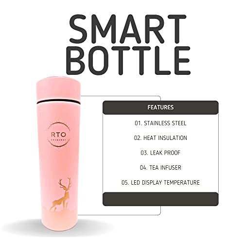 RTO Original Smart Thermos For Cold & Hot Drinks with Tea Infuser, Insulated Bottle with LED temperature Display | Spill & Leak Proof with Double Wall Stainless Steel (Rose, 16oz)