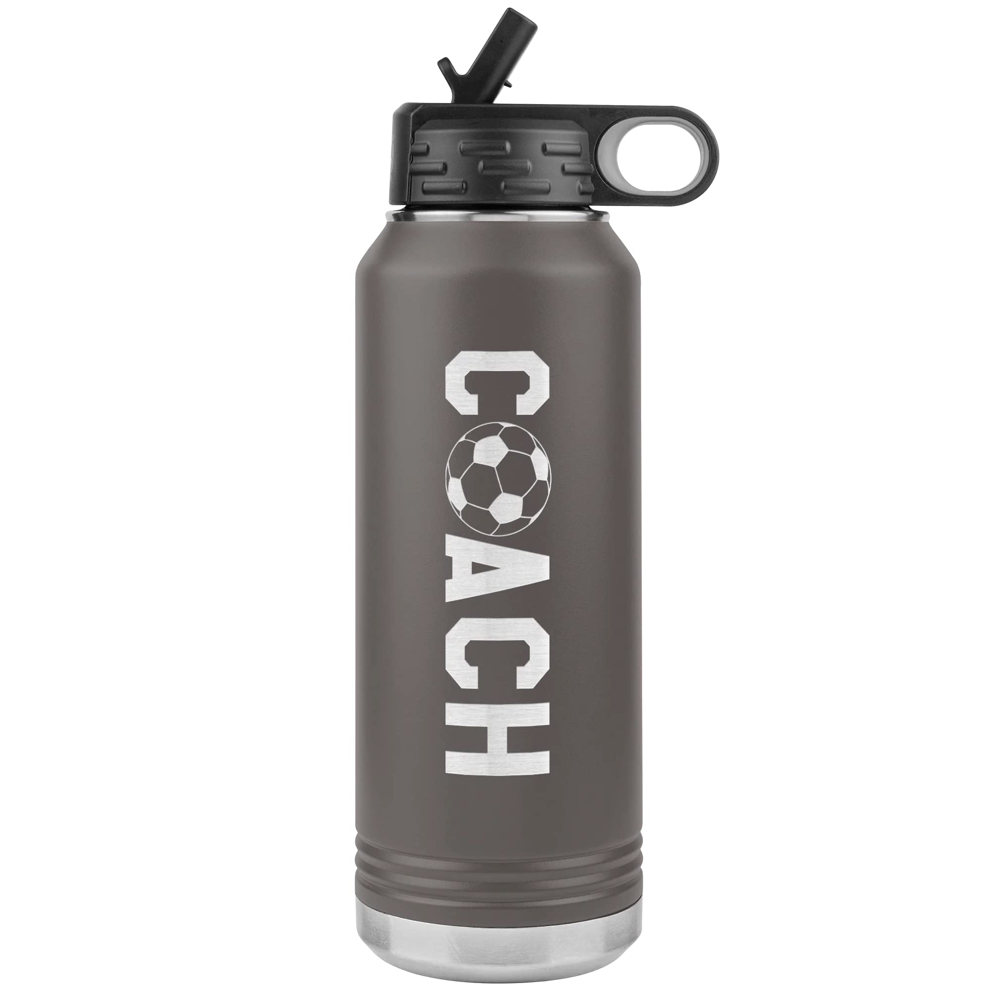 JFWcreations Soccer Coach Water Bottle - 32oz Insulated Engraved Stainless Steel Flip Top With Straw Soccer Coach Gift Pewter