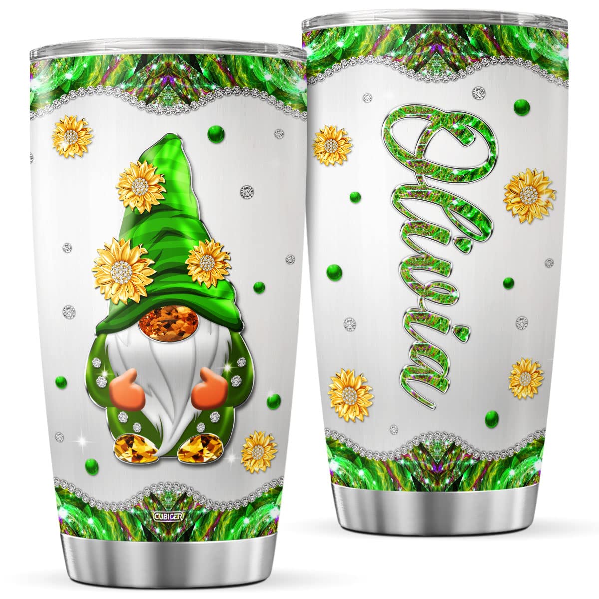 CUBICER Personalized Coffee Tumbler Gnome Customized Name Tea Cup With Lid Christmas Double Walled Stainless Steel Insulated Mugs For Women Men Girls Kids Holiday Drinking Glass