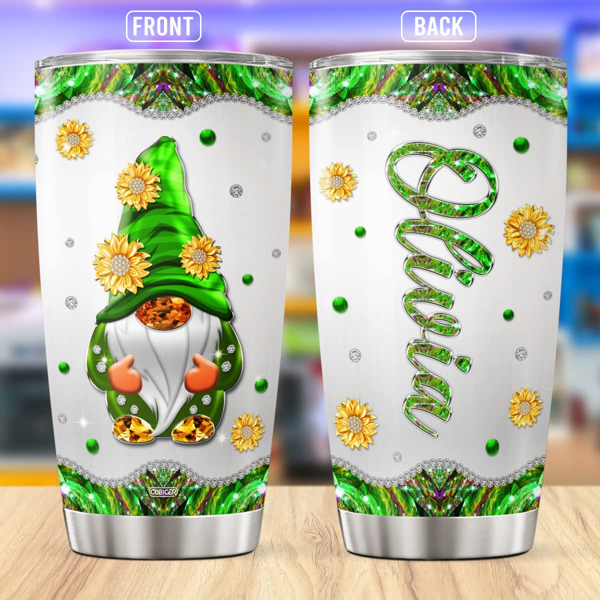 CUBICER Personalized Coffee Tumbler Gnome Customized Name Tea Cup With Lid Christmas Double Walled Stainless Steel Insulated Mugs For Women Men Girls Kids Holiday Drinking Glass