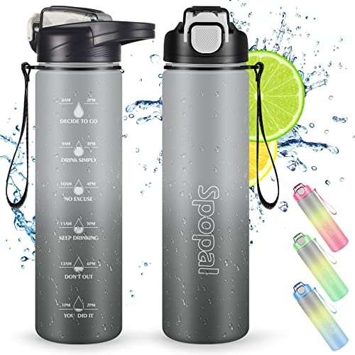 Spopal Motivational Water Bottle, [Leakproof] 32 Oz Plastic Water Bottle with Straw, [BPA Free] Reusable Sports Water Bottle, Ideal Gift for Gym,Fitness,Hiking, Travel,Outdoor Sports (Black)