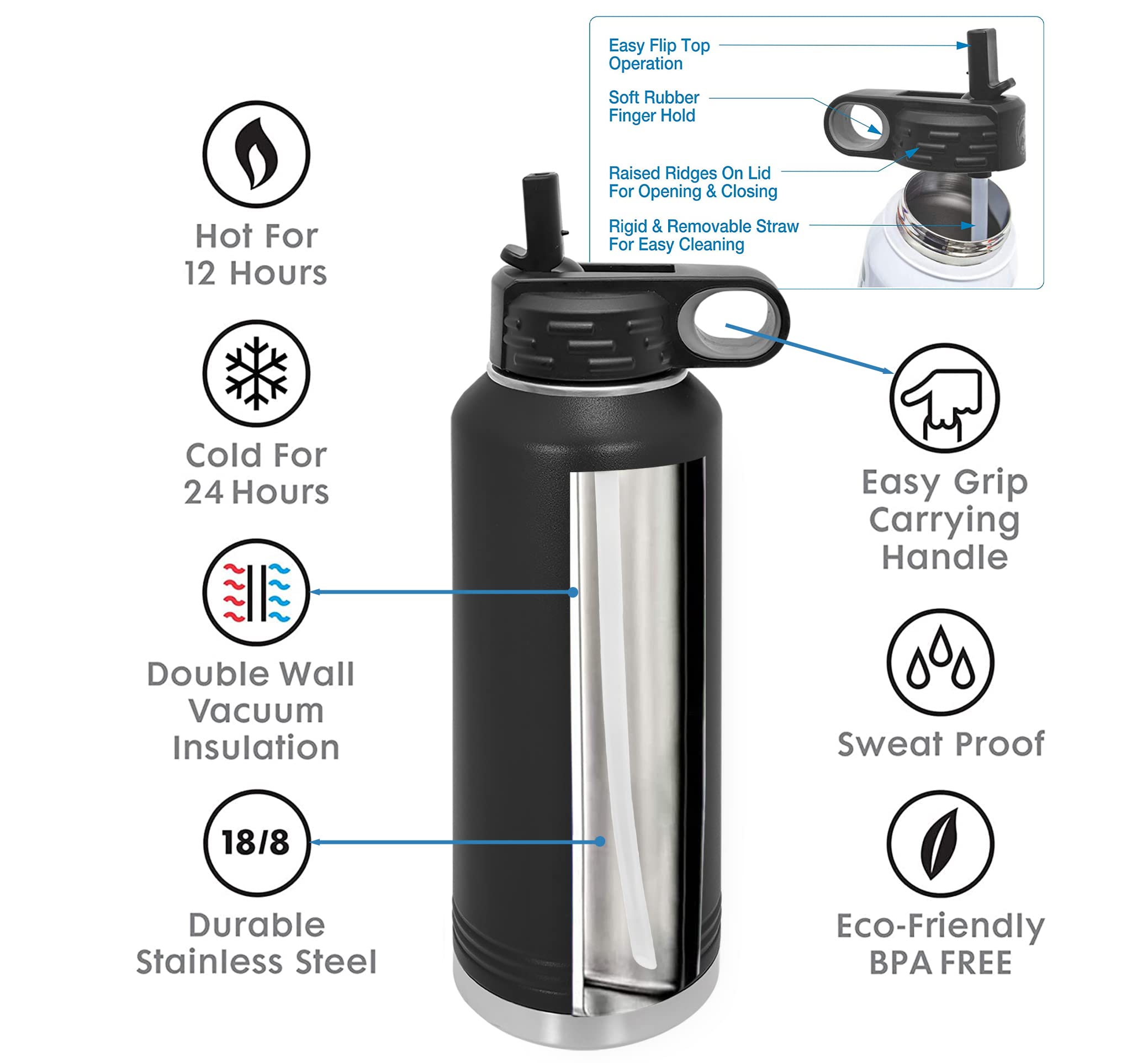 Personalized Water Bottles 32oz with Flip-Top Lid and Straw, Customized Vacuum Insulated Flask, Stainless Steel Sports Double Wall Thermos, Your Logo Name and Text Engraved in USA (Black, 32 oz.)