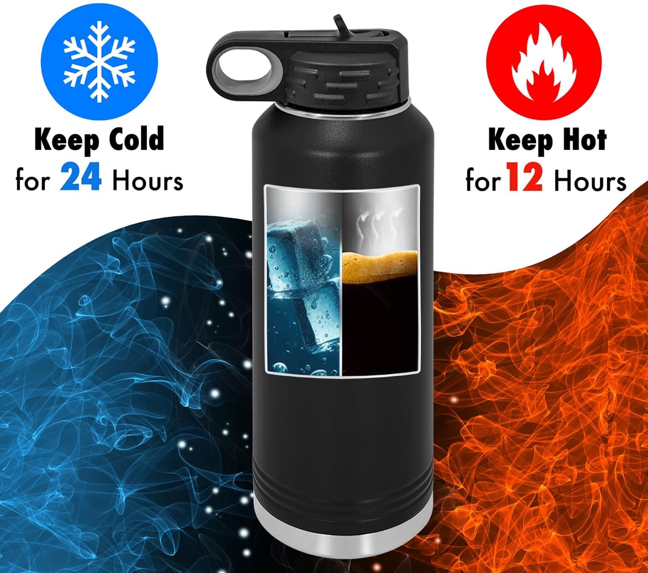 Personalized Water Bottles 32oz with Flip-Top Lid and Straw, Customized Vacuum Insulated Flask, Stainless Steel Sports Double Wall Thermos, Your Logo Name and Text Engraved in USA (Black, 32 oz.)