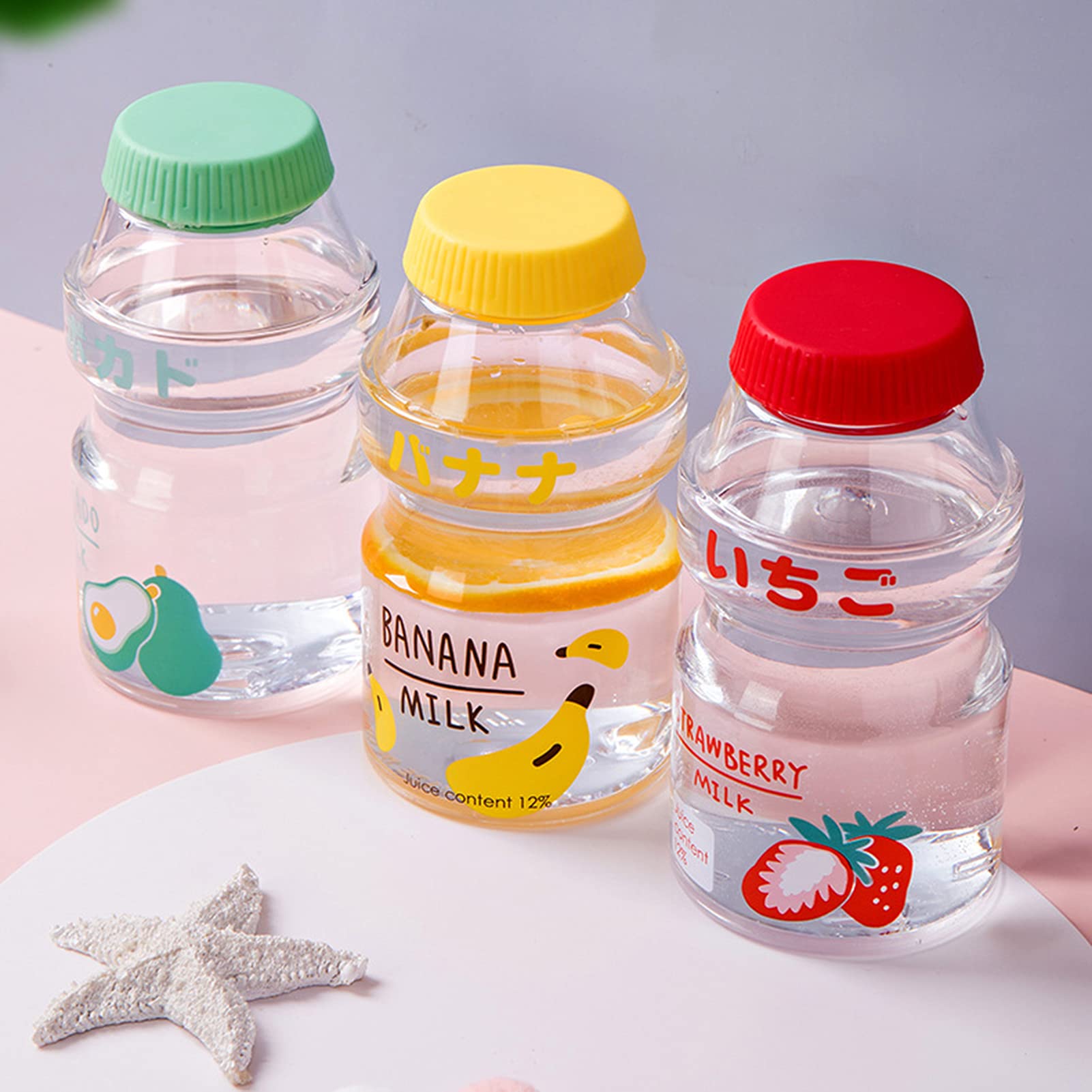 Yirepny Plastic Water Bottle Yakult Shape, Strawberry Lemon Avocado Peach Cartoon Pattern Suitable for Children Boys And Girls Can be Filled With Milk Coffee Cold Drinks Yellow