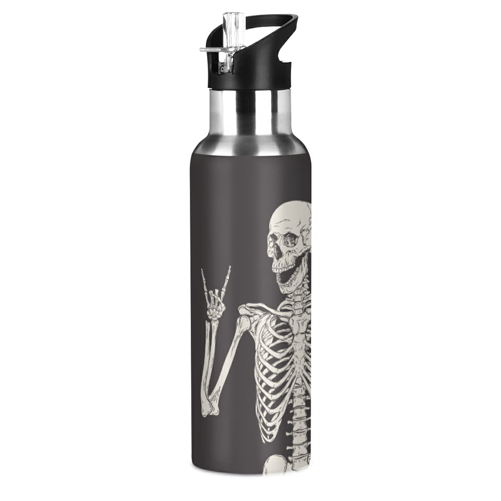 Funny Skull Water Bottle with Straw Lid, Funny Skeleton 20 Oz Stainless Steel Insulated Keeps Hot and Cold Bottle, Leakproof Sports Gym Cycling Outdoor Water Flask Thermos Bottle