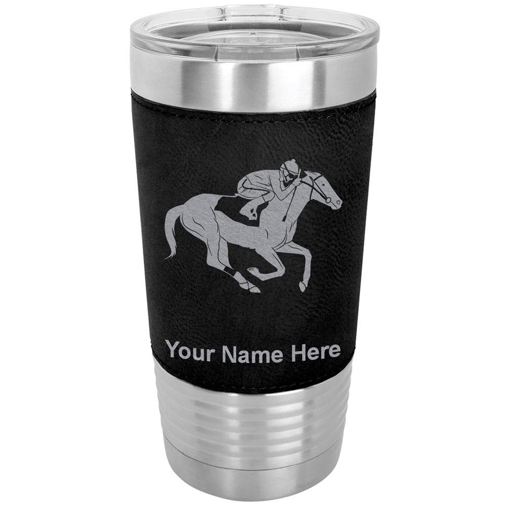 LaserGram 20oz Vacuum Insulated Tumbler Mug, Horse Racing, Personalized Engraving Included (Faux Leather, Black)