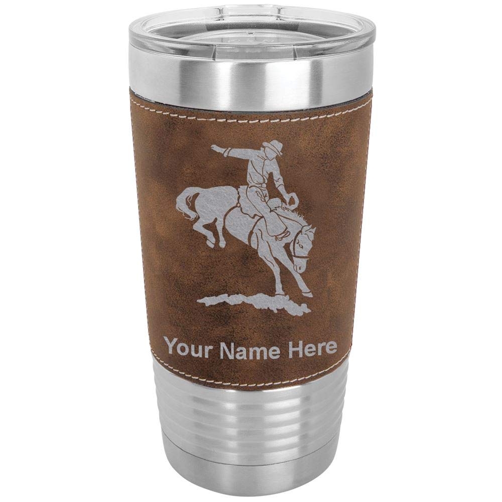 LaserGram 20oz Vacuum Insulated Tumbler Mug, Bronco Rider, Personalized Engraving Included (Faux Leather, Rustic)