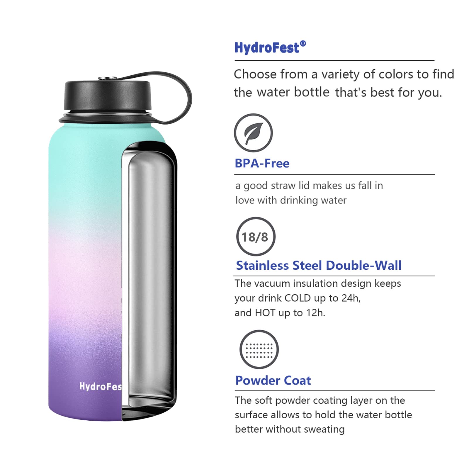 HydroFest Insulated Water Bottles,32 Ounce Water Bottle w/Straw lid, Spout Lid & Flex Cap, Wide Mouth Double Wall Vacuum Insulated 18/8 Stainless Steel Leakproof Water Flask (Hydrangea)