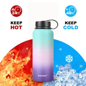 HydroFest Insulated Water Bottles,32 Ounce Water Bottle w/Straw lid, Spout Lid & Flex Cap, Wide Mouth Double Wall Vacuum Insulated 18/8 Stainless Steel Leakproof Water Flask (Hydrangea)