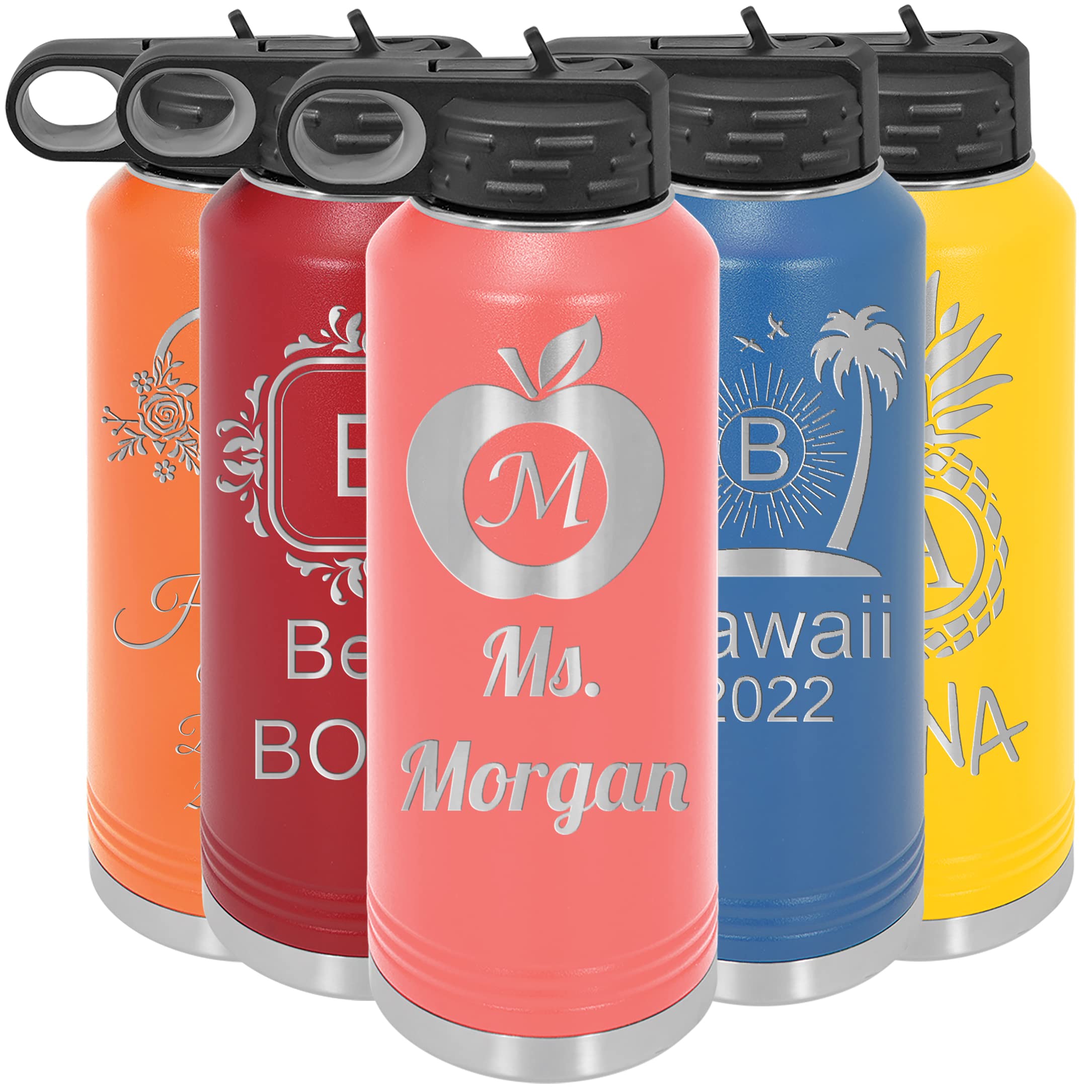 Customized Water Bottles with Flip-Top Lid and Straw, Personalized Stainless Steel Sports Thermos Engraved Monogram – Teacher, Birthday, Holiday, Corporate Gifts 20oz., 32oz. (Coral)