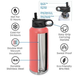 Customized Water Bottles with Flip-Top Lid and Straw, Personalized Stainless Steel Sports Thermos Engraved Monogram – Teacher, Birthday, Holiday, Corporate Gifts 20oz., 32oz. (Coral)