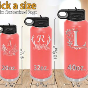 Customized Water Bottles with Flip-Top Lid and Straw, Personalized Stainless Steel Sports Thermos Engraved Monogram – Teacher, Birthday, Holiday, Corporate Gifts 20oz., 32oz. (Coral)