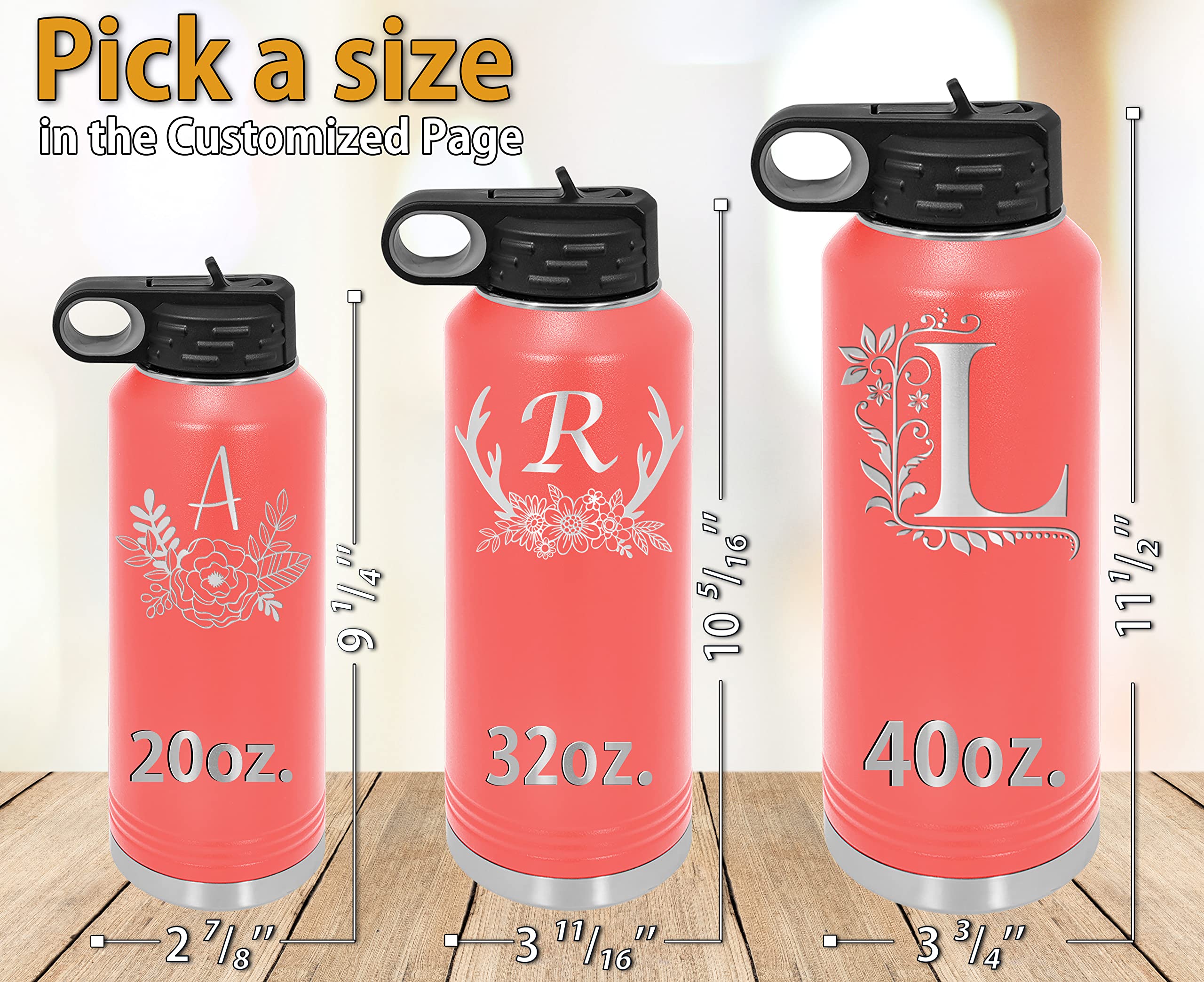 Customized Water Bottles with Flip-Top Lid and Straw, Personalized Stainless Steel Sports Thermos Engraved Monogram – Teacher, Birthday, Holiday, Corporate Gifts 20oz., 32oz. (Coral)