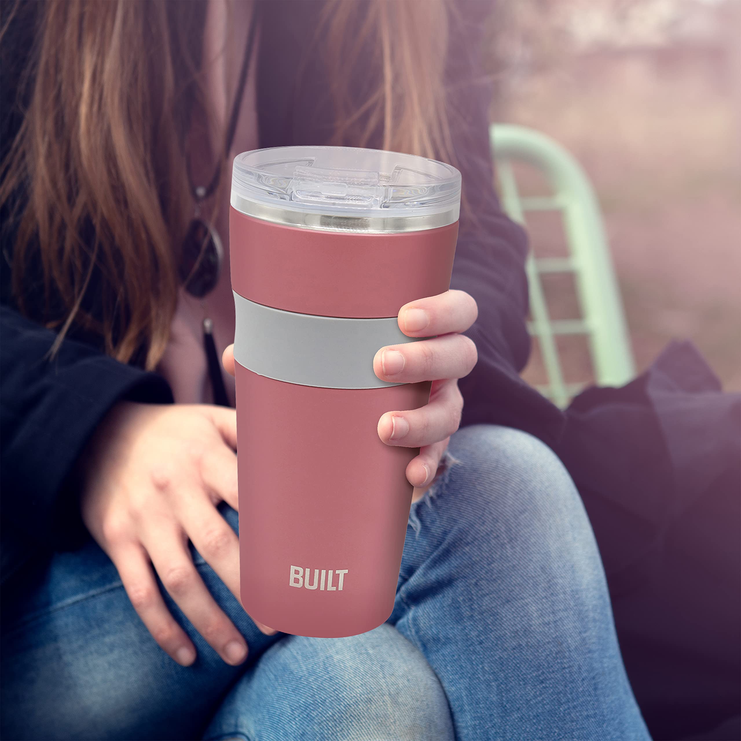 BUILT 24 Ounce Shasta Double Wall Vacuum Insulated Stainless Steel Coffee and Water Tumbler with Easy to Clean Flip to Open Lid, Pink