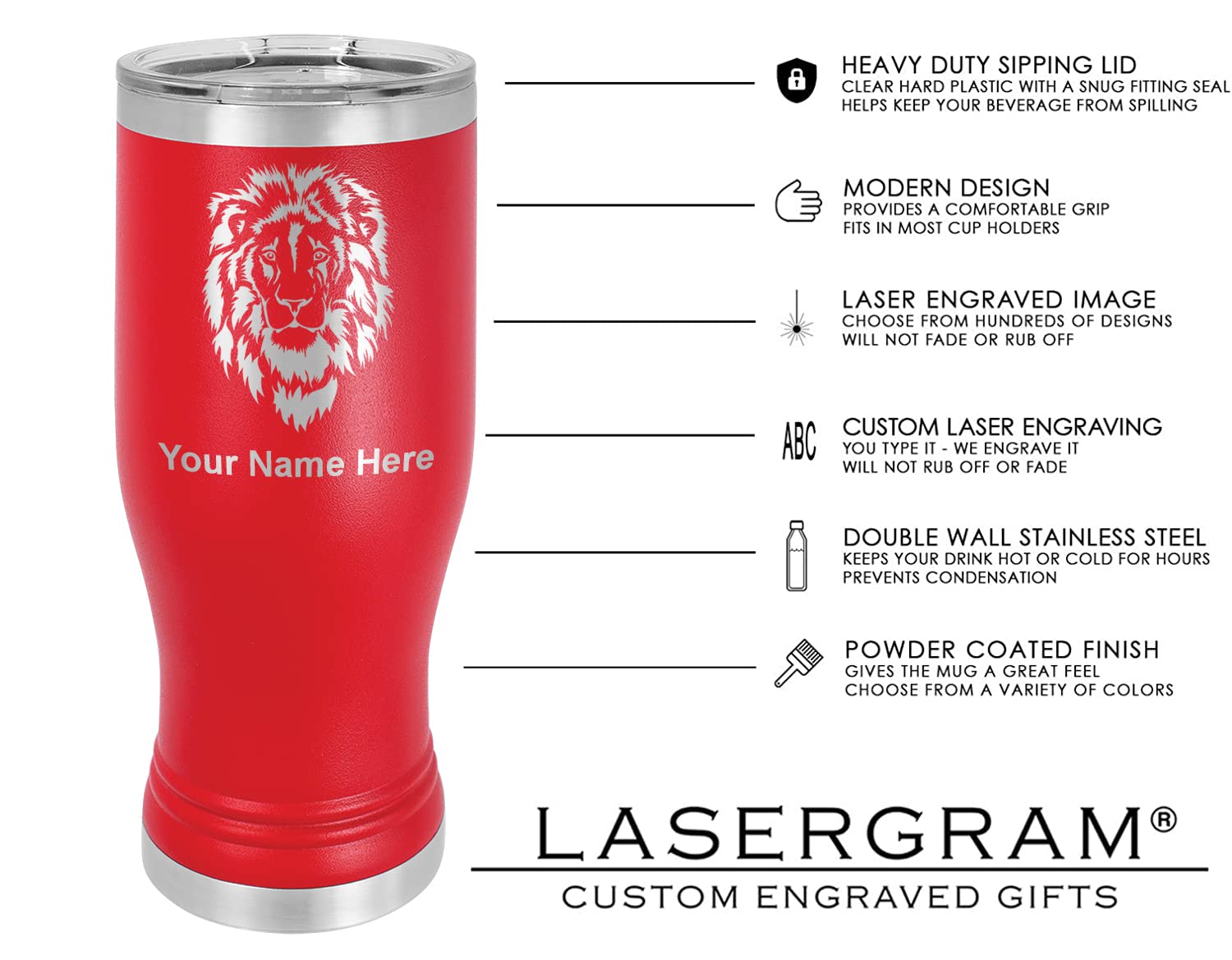 LaserGram 14oz Vacuum Insulated Pilsner Mug, Lacrosse Sticks, Personalized Engraving Included (Red)