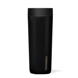 corkcicle commuter cup insulated stainless steel leak proof travel coffee mug keeps beverages cold for 9 hours and hot for 3 hours, matte black, 17 oz