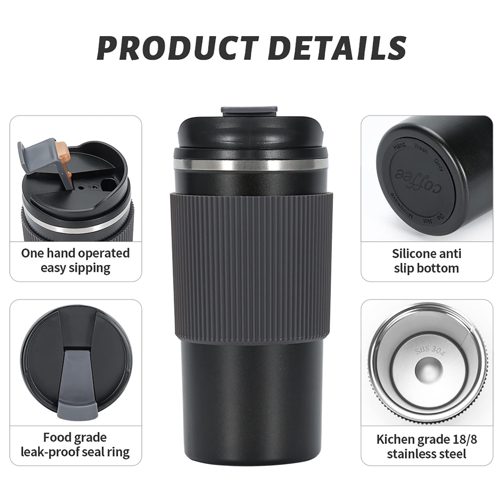 By Luck Travel Coffee Mug 16oz - Vacuum Stainless Steel Insulated Coffee Travel Mug Spill Proof and Leakproof Lid, BPA Free, Double Walled Reusable Tumbler Cups for Keep Hot/Ice Coffee, Tea (Black)