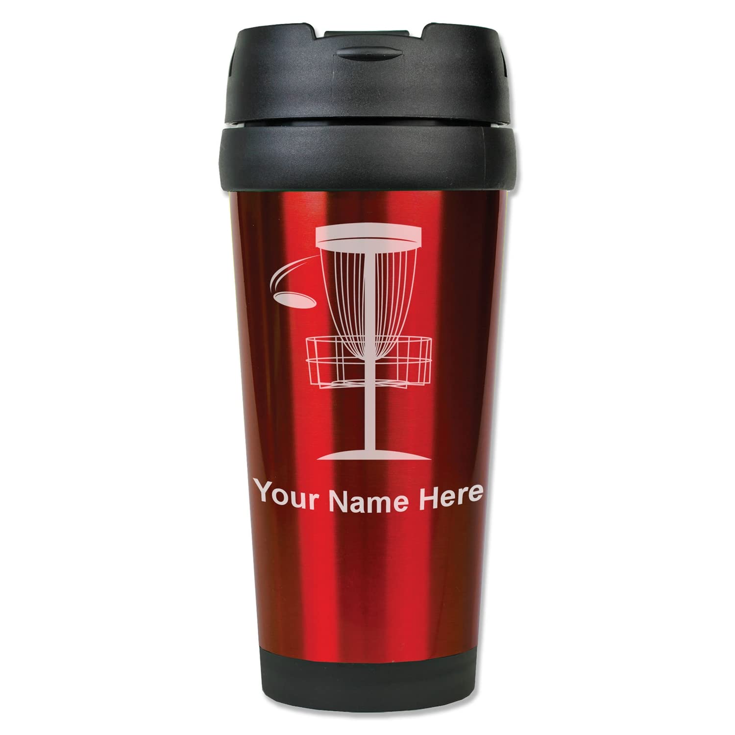 LaserGram 16oz Coffee Travel Mug, Disc Golf, Personalized Engraving Included (Red)