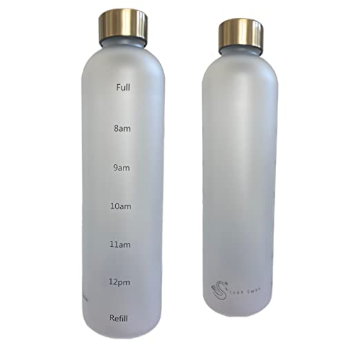 Water Bottle with Time Marker, 32oz 1 Liter, BPA Free Frosted Plastic, Reusable Water Bottle, Leakproof (Clear-White)