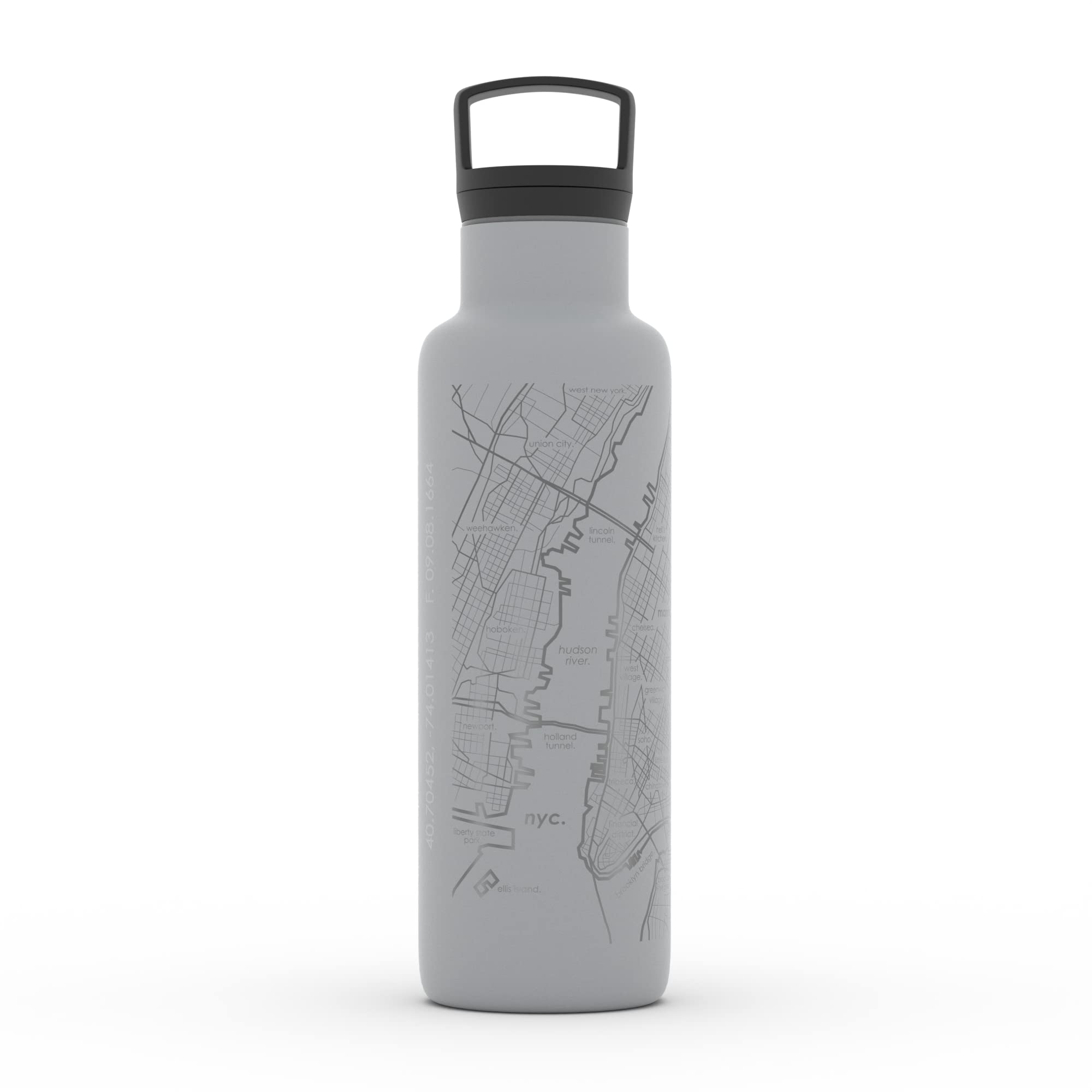 Well Told Engraved New York City Map Insulated Water Bottle, Etched Stainless Steel Bottle (21 oz, Dockside Gray) City Map Insulated Bottle, Custom Insulated Water Bottle, Outdoor Drinkware