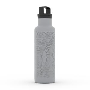 Well Told Engraved New York City Map Insulated Water Bottle, Etched Stainless Steel Bottle (21 oz, Dockside Gray) City Map Insulated Bottle, Custom Insulated Water Bottle, Outdoor Drinkware