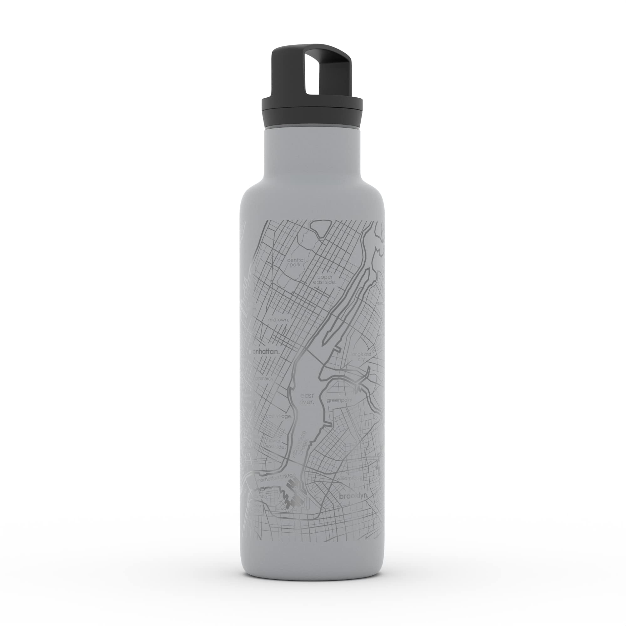 Well Told Engraved New York City Map Insulated Water Bottle, Etched Stainless Steel Bottle (21 oz, Dockside Gray) City Map Insulated Bottle, Custom Insulated Water Bottle, Outdoor Drinkware