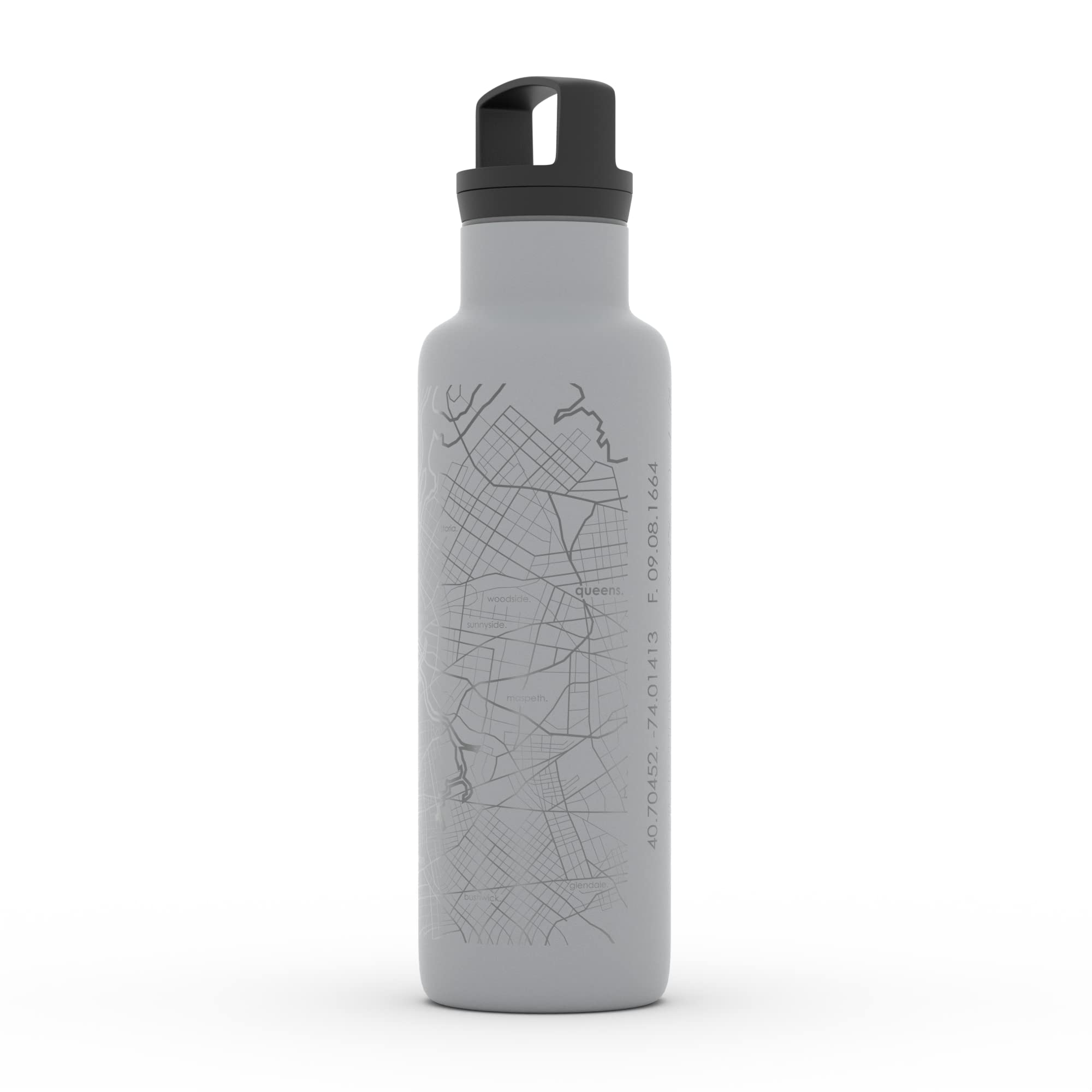 Well Told Engraved New York City Map Insulated Water Bottle, Etched Stainless Steel Bottle (21 oz, Dockside Gray) City Map Insulated Bottle, Custom Insulated Water Bottle, Outdoor Drinkware