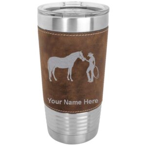 lasergram 20oz vacuum insulated tumbler mug, horse and cowgirl, personalized engraving included (faux leather, rustic)