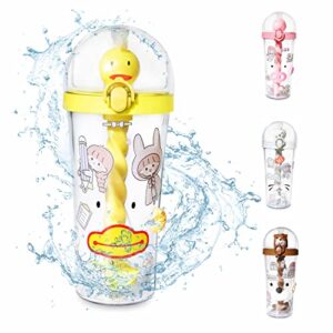 cute water bottles with straw, kawaii shaker bottle transparent creative bear duck pig cat handy cup with action-rod for school kids girls with hand strap & stickers, 500ml yellow