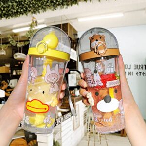 Cute Water Bottles with Straw, Kawaii Shaker Bottle Transparent Creative Bear Duck Pig Cat Handy Cup with Action-Rod for School Kids Girls with Hand Strap & Stickers, 500ML Yellow