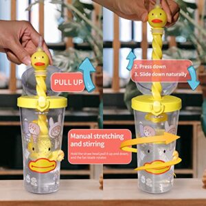 Cute Water Bottles with Straw, Kawaii Shaker Bottle Transparent Creative Bear Duck Pig Cat Handy Cup with Action-Rod for School Kids Girls with Hand Strap & Stickers, 500ML Yellow