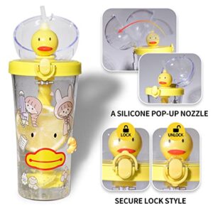 Cute Water Bottles with Straw, Kawaii Shaker Bottle Transparent Creative Bear Duck Pig Cat Handy Cup with Action-Rod for School Kids Girls with Hand Strap & Stickers, 500ML Yellow