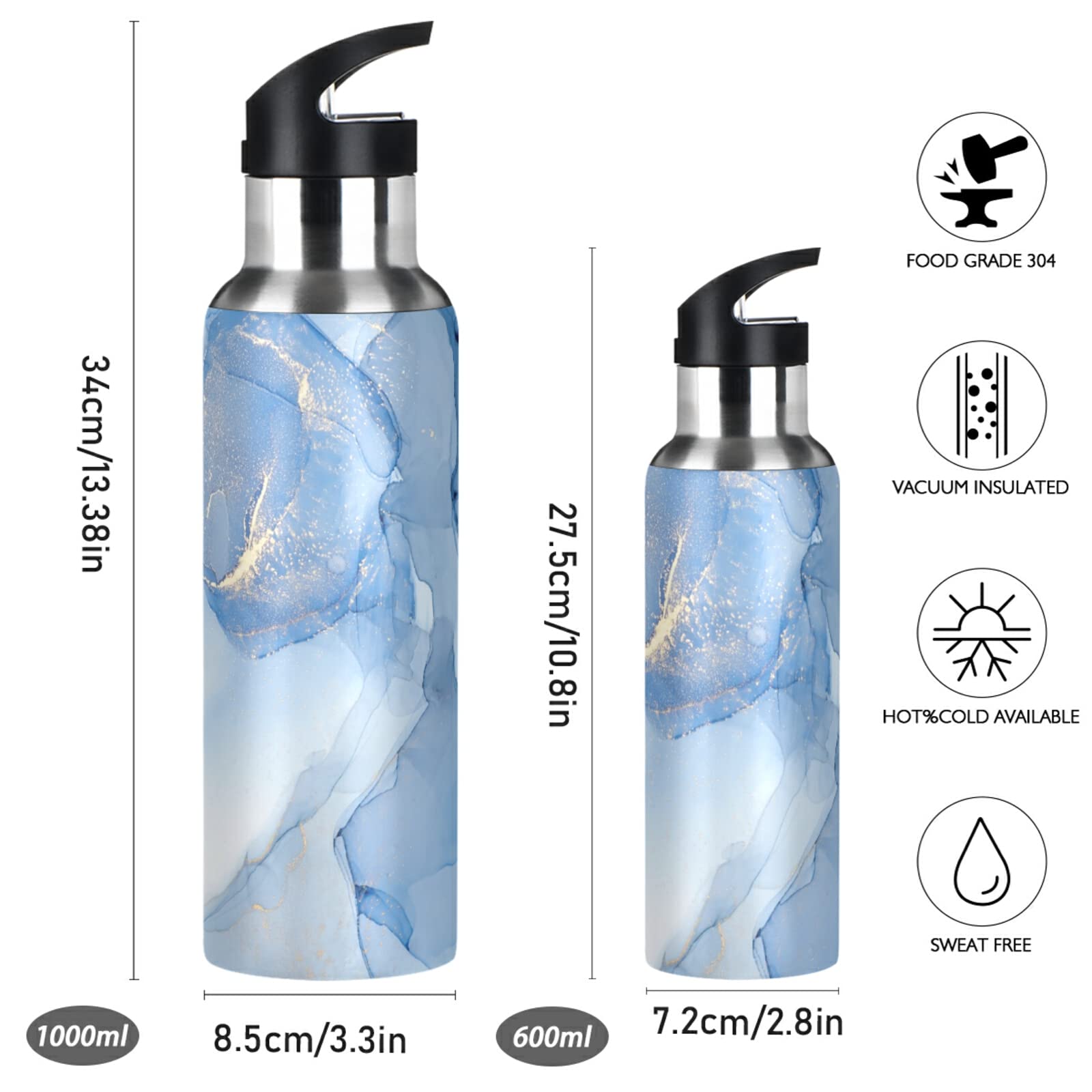 Insulated Sports Water Bottles Blue Marble Ink Modern Fluid Art Vacuum Stainless Steel Thermos Mug with Straw Lid & Handle 20 oz