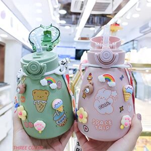 NCDUANSAN Kawaii Water Bottle Cute Straw Water Bottle with Cute Three-Dimensional Stickers Insulation, Cold, Large Capacity Water Bottle(500ml,Green)